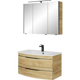 Badm&ouml;bel-Set &raquo;Serie 7045 2-teilig Mineralmarmor-Waschtisch mit LED-Spiegelschrank&laquo; Set, 2 Stk. tlg. braun Holzwerkstoff B/H/T: 93,2cmcm x 200cmcm x 
