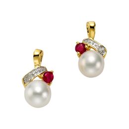 Firetti Damen Paar Ohrstecker &raquo;Schmuck Geschenk Gold 333 Ohrschmuck Farbstein Edelstein Rubin&laquo; mit Rubin - mit S&uuml;&szlig;wasserzuchtperle - mit Diamanten rot