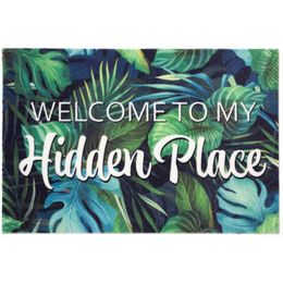 PRIMAflor-Ideen in Textil Fu&szlig;matte &raquo;VELVET - HIDDEN PLACE, Made in Belgium&laquo; rechteckig 5 mm H&ouml;he Schmutzfangmatte, Motiv Dschungel, mit Spruch, 