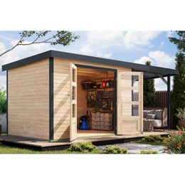 Karibu Gartenhaus &raquo;Jupiterino 4 SET, in verschiedenen Farben&laquo; inkl. Anbaudach braun Massivholz ohne Fu&szlig;boden, Blechdach