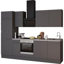 KOCHSTATION K&uuml;chenzeile &raquo;KS-Aken&laquo; Breite 270 cm, wahlweise mit E-Ger&auml;ten, mit Arbeitsplatte 38 mm stark grau B/H/T: 270cm x 212cm x 60cm, ohne E-