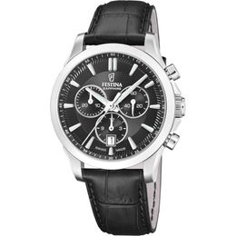 Festina Herren Chronograph &raquo;Chrono&laquo; Quarzuhr, Armbanduhr, Herrenuhr, Swiss Made, Lederarmband, analog, Tag schwarz Einheitsgr&ouml;&szlig;e