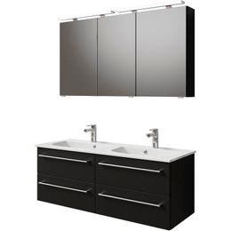 Badm&ouml;bel-Set &raquo;Serie 6025 2-teilig Mineralmarmor-Waschtisch mit LED-Spiegelschrank&laquo; 2 Stk. tlg. schwarz Holzwerkstoff B/H/T: 132cmcm x 200cmcm x 48cmcm