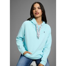 Delmao Damen DELMAO Kapuzensweatshirt, Weiche Baumwollmischung mit K&auml;ngurutasche und bedruckter Kordel blau 48/50