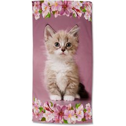 Good Morning Strandtuch &raquo;Look&laquo; Mikrofaser, 75x150, Schnelltrocknend, Kind, M&auml;dchen, Katze, Rosa rosa Velours, Velours B/L: 75cmx150cm, 1 Stk., Blumen 