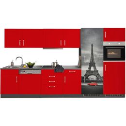 KOCHSTATION K&uuml;chenzeile &raquo;KS-Paris &ndash; K&uuml;chen mit einzigartigen Fotomotiven auf den Fronten&laquo; Breite 340 cm, wahlweise mit E-Ger&auml;ten und Induktion rot B/H
