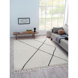 MyFlair Hochflor-Teppich &raquo;Moroccan Signature&laquo; rechteckig 24 mm H&ouml;he modern, marokkanisches Design, Rauten Muster, weich, mit Fransen schwarz-wei&szlig; Polyester, 