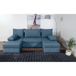 Collection AB Wohnlandschaft &raquo;Pico U-Form, B: 252 cm&laquo; Schlaffunktion, Bettkasten & 2 Zierkissen blau 100%Polyester B/H/T: 220cm x 39cm x 158cm, 