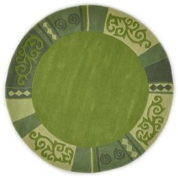 Theko Wollteppich &raquo;Ambadi&laquo; rund 14 mm H&ouml;he reine Schurwolle, handgetuftet, mit Bord&uuml;re, modern gr&uuml;n Schurwolle &Oslash; 190cm 1 Stk., 14mm, &Oslash; 190cm