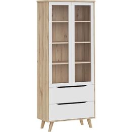 FORTE Vitrine &raquo;Vankka Stauraumvitrine&laquo; B/H/T 84,7/201,5/41,7 cm, 2 Glast&uuml;re, Grifflos, zeitloses Design, 2 Schubk&auml;sten wei&szlig; Holzwerkstoff Planked 