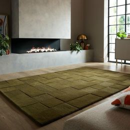 FLAIR RUGS Wollteppich &raquo;CHECKERBOARD&laquo; rechteckig 10 mm H&ouml;he Hoch-Tief-Effekt, Wohnzimmer, Schlafzimmer, 100 % Wollflor gr&uuml;n Wolle B : 160cm 1 Stk., 