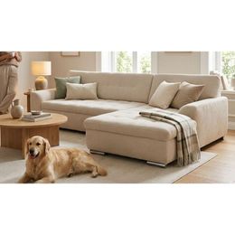 OTTO home Ecksofa &raquo;Tornby 268 x 178 cm, mit Steppungen, modern & stabil&laquo; mit Schlaffunktion, L-Form, aus Pet Friendly Bezug beige 100% Polyester B/H/T