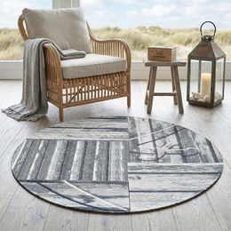 Sansibar Teppich &raquo;Keitum 010&laquo; rund 3 mm H&ouml;he Flachgewebe, modernes Holz Design, Motiv, gekreuzte S&auml;bel grau Polyester &Oslash; 160cm 1 Stk., 3mm, &Oslash; 160cm