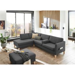 ATLANTIC HOME COLLECTION Ecksofa &raquo;Mailo L-Form&laquo; mit Seitentaschen und Ottomane, mit Massivholzf&uuml;&szlig;en grau B/H/T: 255cm x 82cm, Feinstruktur, Ottomane 
