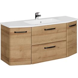 Waschtisch &raquo;Quicket 318, mit Mineralmarmorbecken, 112cm breit&laquo; 2 Stk. tlg. braun Holzwerkstoff Griffe Schwarzmatt, B/H/T: 112cm x 53,5cm x 48cm