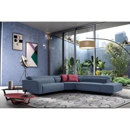 Egoitaliano Ecksofa &raquo;Stefanie-e, Designsofa der Extraklasse, bequem mit hohem Sitzkomfort&laquo; mit Relaxfunktion und verstellbaren Kopfteilelementen blau Leder &raquo;BULL&laquo;