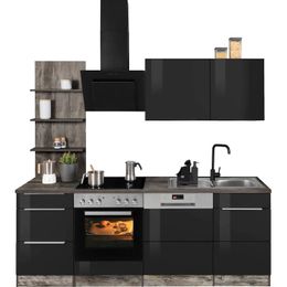 KOCHSTATION K&uuml;chenzeile &raquo;KS-Brindisi&laquo; Breite 220 cm, wahlweise mit E-Ger&auml;ten, mit MDF-Fronten und Regal schwarz B/H/T: 220cm x 200cm x 60cm, ohne E-