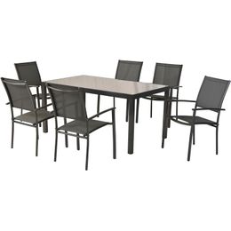 Merxx Garten-Essgruppe &raquo;&raquo;Milano&laquo;&laquo; Set, 7 Stk. tlg. Sessel stapelbar, graue Glasplatte grau Aluminium, Kunststoff Einheitsgr&ouml;&szlig;e