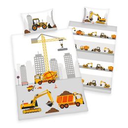 Herding Babybettw&auml;sche &raquo;Stadt Baustelle&laquo; 2 Stk. mit Baufahrzeugen grau Renforc&eacute;, Obermaterial: 100% Baumwolle B/L: 100cm x 135cm, 1 Stk., 1 Stk., Renforc&eacute;, B/