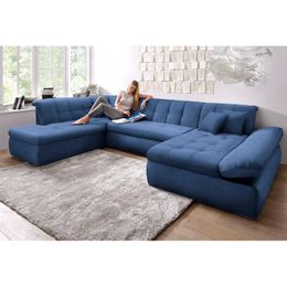 DOMO collection Wohnlandschaft &raquo;NMORIC im XXL-Format, 353x216x80 cm, inkl. Zierkissen U-Form&laquo; wahlweise mit Bettfunktion und Armlehnenverstellung blau