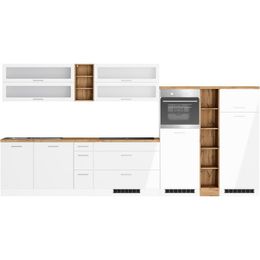 KOCHSTATION K&uuml;chenzeile &raquo;KS-Milan, optional mit Muldenl&uuml;fter&laquo; Breite 390 cm, wahlweise mit E-Ger&auml;ten, Kochfeld mit Dunstabzug wei&szlig; B/H/T: 390cm x 