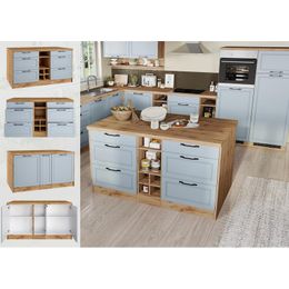 KOCHSTATION K&uuml;cheninsel &raquo;KS-Lana, Breite 153 cm&laquo; MDF-Fronten, Arbeitsplatte 38mm stark blau B/H/T: 153cm x 86cm x 100cm, Typ 2mit Ausz&uuml;gen