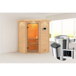 Karibu Sauna &raquo;"Anni" mit bronzierter T&uuml;r und Kranz, naturbelassen&laquo; aus hochwertiger nordischer Fichte braun Saunaofen, externe Steuerung, 230 kW