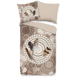 HIP Wendebettw&auml;sche &raquo;Ringhda&laquo; 3 Stk. Flanell, Biber, Winter, Warm, Wendeoptik, Mandala, Federn, Sand, Taupe grau Flanell, Obermaterial: 100% Baumwolle