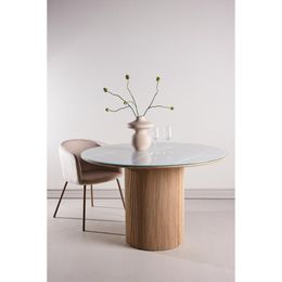 Esstisch &raquo;H&auml;r&ouml;n, runder Esstisch &Oslash; 120 cm mit Glasplatte und Holzfu&szlig;, FSC&laquo; Esszimmertisch, transparente Platte, MDF-Mittelfu&szlig;, gerippt, hell braun B/H