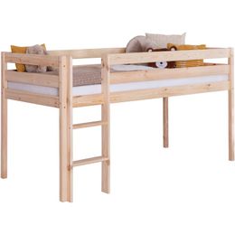 Ticaa Hochbett &raquo;Malte, FSC -zertifizierte Kiefer&laquo; 90x200cm Liegefl&auml;che, H&ouml;he 114cm, mit Rollrost beige Liegefl&auml;che B/L: 90cm x 200cm, kein H&auml;rtegrad, ohne 