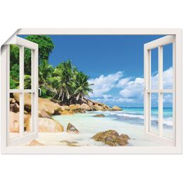 Artland Wandbild &raquo;K&uuml;ste mit Palmen durchs Fenster&laquo; Karibikbilder 1 Stk. tlg. als Leinwandbild, Poster in verschied. Gr&ouml;&szlig;en blau B/H/T: 130cm x 90cm, Poster 