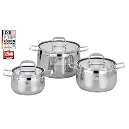 ELO Topf-Set &raquo;Mystery&laquo; Set, je 1x Fleischtopf mit Deckel &Oslash; 16/20/24 cm, 6 Stk. tlg. Edelstahl 18/8 silber Einheitsgr&ouml;&szlig;e