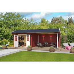 Lasita Maja Gartenhaus &raquo;New York&laquo; Blockbohlenhaus 34mm, mit Anbau rot Holzwerkstoff ohne Fu&szlig;boden, R&uuml;ckwand, ohne Dacheindeckung