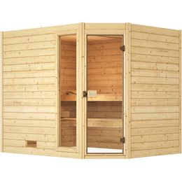Weka Sauna &raquo;Massivholzsauna VALIDA Eck 3&laquo; Blockbohlen, Fensterlement, moderne Ganzglast&uuml;r beige Bio-Ofen, externe Steuerung, 9 kW