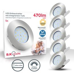 B.K.LICHT LED Einbauleuchte &raquo;5er Set Bad Einbaustrahler, IP44 gesch&uuml;tzt, LED Einbauspots, flach&laquo; LED-Board 5 Stk. Warmwei&szlig; 3.000K, 470Lm, 5,5W, Kunststoff, 7,5 