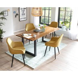 Salesfever Essgruppe &raquo;- stilvolles Design&laquo; Set, 5 Stk. tlg. 5-teiliges Set mit authentischer Baumkanten-Tischplatte gelb Massivholz, Metall, Polyester