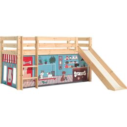 Vipack Spielbett &raquo;Pino, Kiefer massiv, mit Rolllattenrost u. Textil-Set, Made in Europe&laquo; B/H/T ca. 210x114x218cm, mit Absturzschutz, Leiter und Rutsche, 