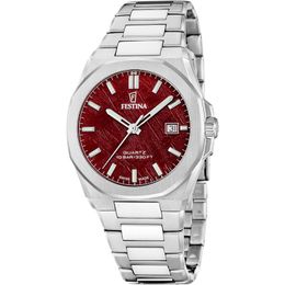 Festina Herren Quarzuhr &raquo;Classic Steel&laquo; Armbanduhr, Herrenuhr, Swiss Made, Edelstahlarmband, analog, Tag rot Einheitsgr&ouml;&szlig;e
