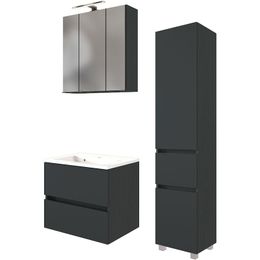 Welltime Badm&ouml;bel-Set &raquo; M&ouml;bel Baabe Waschtisch-Set 3tlg. oder 5tlg.&laquo; 3 Stk. tlg. grau Holzwerkstoff Set 5 3tlg.: Waschtisch 60cm breit, Spiegelschrank
