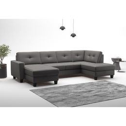 OTTO home Wohnlandschaft &raquo;Varese&laquo; wahlweise mit Schlaffunktion und Bettkasten grau B/H/T: 304cm x 91cm x 170cm, NaturLEDER Stoff, Ottomane rechts,mit 