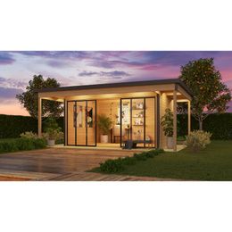 Lasita Maja Gartenhaus &raquo;DOMEO 4 LOGGIA&laquo; in verschiedenen Farben beige Holzwerkstoff Fu&szlig;boden im Gartenhaus, ohne R&uuml;ck- und Seitenwand, ohne 