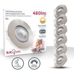 B.K.LICHT LED Einbauleuchte &raquo;6er Set Einbaustrahler, Schwenkbar, Deckenspots, flache Spots&laquo; LED-Board Warmwei&szlig; 3.000K, 460Lm, 5W, Kunststoff, 9 x 2,4 cm, Nickel