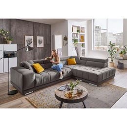 Die PlanBar Ecksofa &raquo;MP-IN15053 L-Form breiter Schenkel&laquo; wahlweise mit Kopfteilverstellung und manueller Vorziehbank grau B/H/T: 323cm x 73cm x 222cm,
