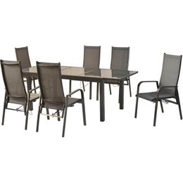 Merxx Garten-Essgruppe &raquo;&raquo;Alassio&laquo;&laquo; Set, 7 Stk. tlg. R&uuml;ckenlehne verstellbar durch Gasdruckfeder grau Aluminium, Kunststoff Auszugsplatte, ausziehbar