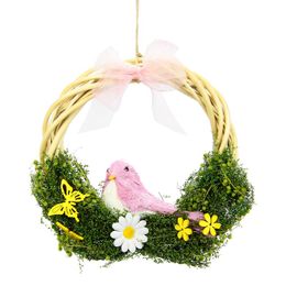 I.GE.A. Kunstkranz &raquo;Mit Bl&uuml;ten, Vogel und Schleife&laquo; aus Rattan, T&uuml;rkranz rosa B/H/L: 20cm x 20cm x 5cm, 1 Stk.