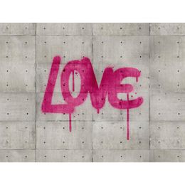 Livingwalls living walls Fototapete &raquo;The Wall&laquo; Steinoptik mit Schrift urban glatt Fototapete Modern Tapete Betonoptik Pink Tapeten Wohnzimmer Flur Optik bunt 