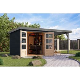 Karibu Gartenhaus &raquo;Jupiterino 3,5 SET, in verschiedenen Farben&laquo; inkl. Anbaudach schwarz Massivholz ohne Fu&szlig;boden, Blechdach