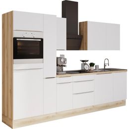 KOCHSTATION K&uuml;chenzeile &raquo;KS-Aken&laquo; Breite 300 cm, wahlweise mit E-Ger&auml;ten, mit Arbeitsplatte 38 mm stark wei&szlig; B/H/T: 300cm x 212cm x 60cm, ohne E-