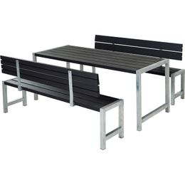 Plus Garten-Essgruppe &raquo;Plankengarnituren&laquo; 3 Stk. tlg. bestehend aus: Tisch und 2 B&auml;nke + 2 R&uuml;ckenlehnen schwarz B/H/T: 185cm x 81cm x 186cm