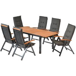 Merxx Garten-Essgruppe &raquo;Tilos&laquo; 7 Stk. tlg. 6 Klappsessel mit ausziehbarem Tisch grau Aluminium B/H/T: 60cm x 116cm x 73cm, Dining Set
